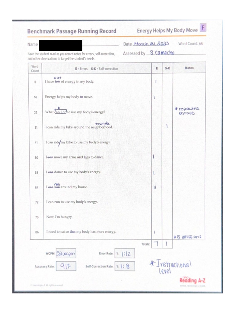 Running Record Example | PDF