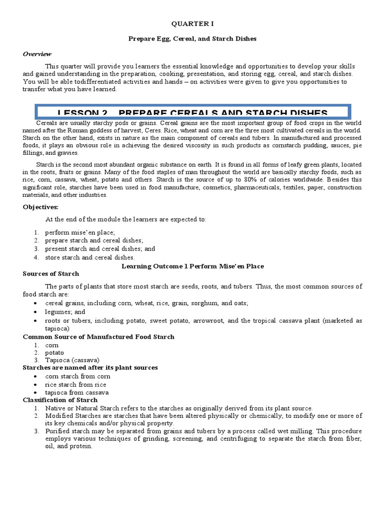 TLE 10 Lesson 2 Cereals Starch | PDF | Starch | Pasta