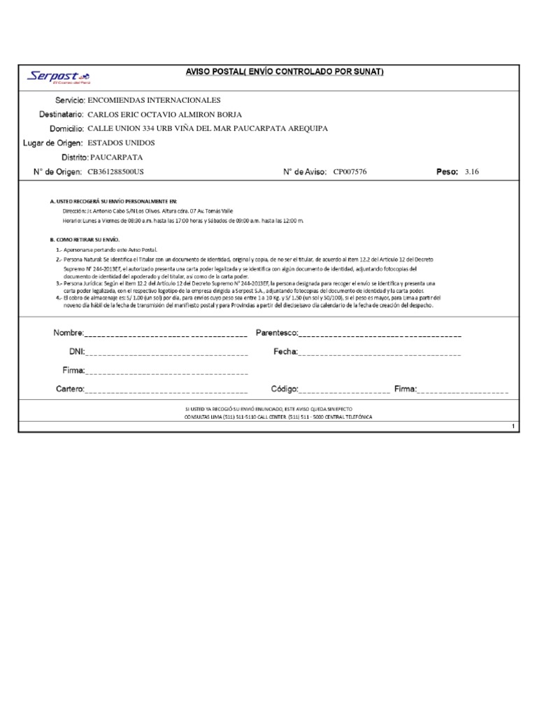 Aviso Llegada PDF | PDF