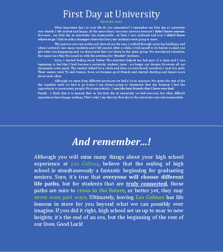 First Day at University (Story) | PDF | Self-Improvement