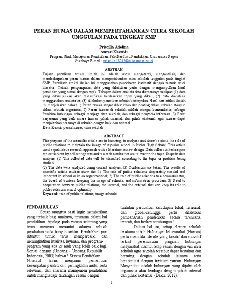 Peran Humas Dalam Mempertahankan Citra Sekolah Unggulan Pada Tingkat ...