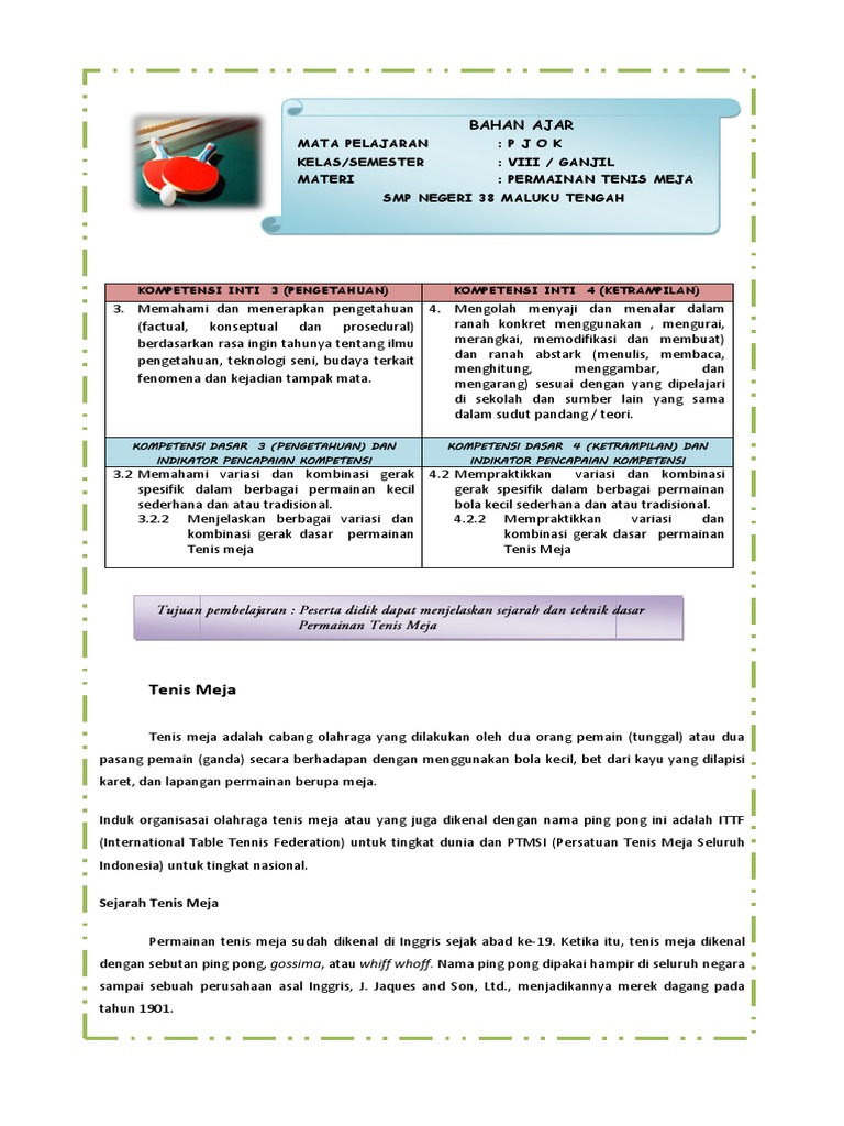 TENIS MEJA (KELAS VIII) | PDF