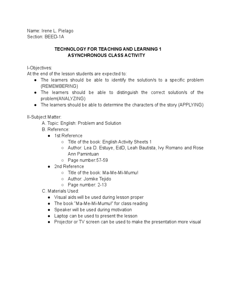 BEED 1A - Pielago, Irene - Asynchronous Class Activity Lesson Planning | PDF | Learning ...