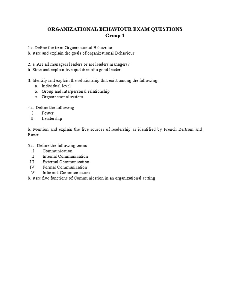 Organizational Behaviour Exam Questions PDF | PDF