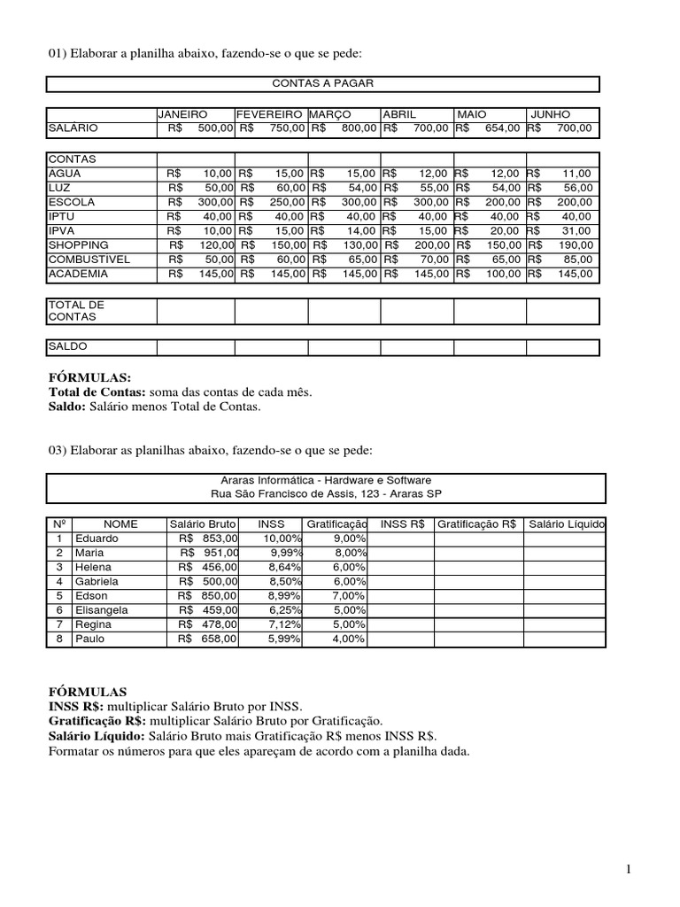 Atividade Exercício Aula 26052020 - Tarefa - Excel-1 PDF | PDF
