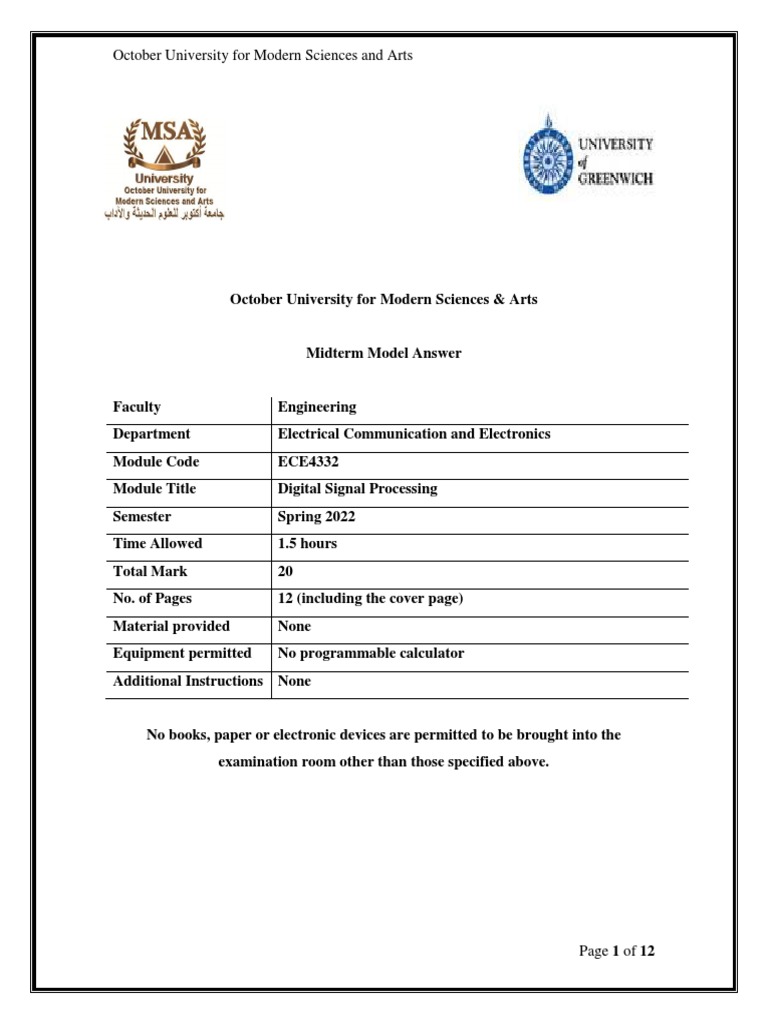 (00000) Midterm Answer DSP Spring 2022 | PDF | Digital Signal Processing | Signal Processing