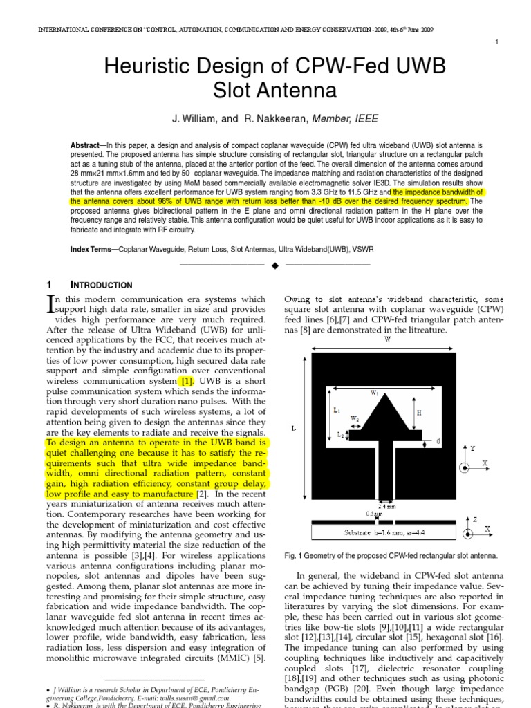 Heuristic Design of CPW-Fed UWB Slot Antenna | PDF | Ultra Wideband | Antenna (Radio)