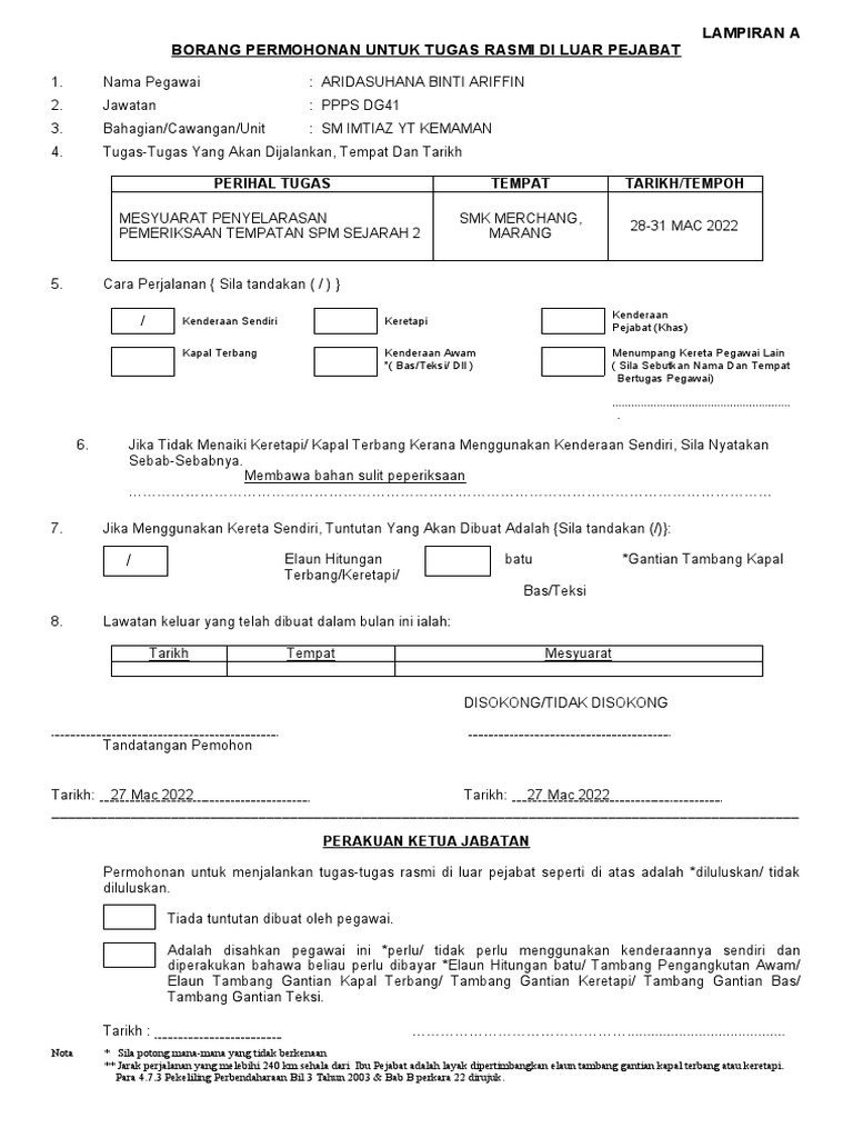 BORANG A Tugas Rasmi Luar Pej PEGAWAI | PDF