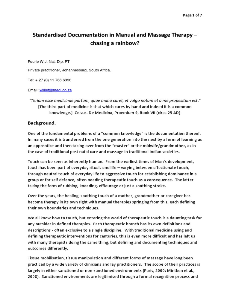 A Model For Standardised Documentation in Manual and Massage Therapy ...