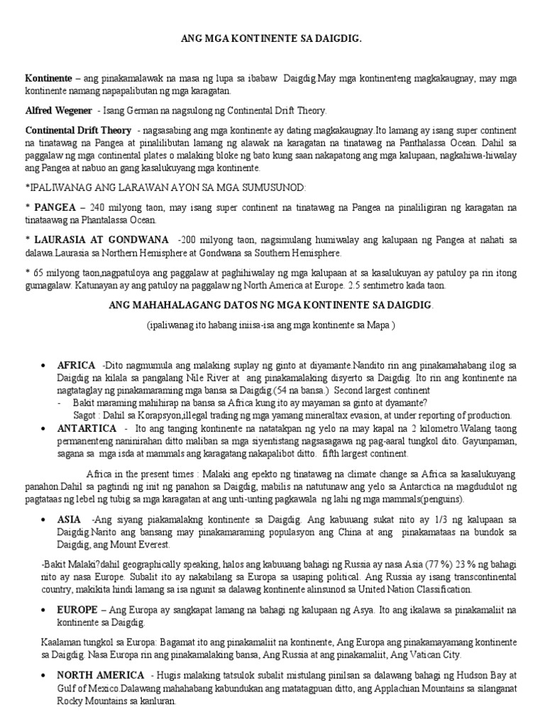Ang Mga Kontinente Sa Daigdig | PDF