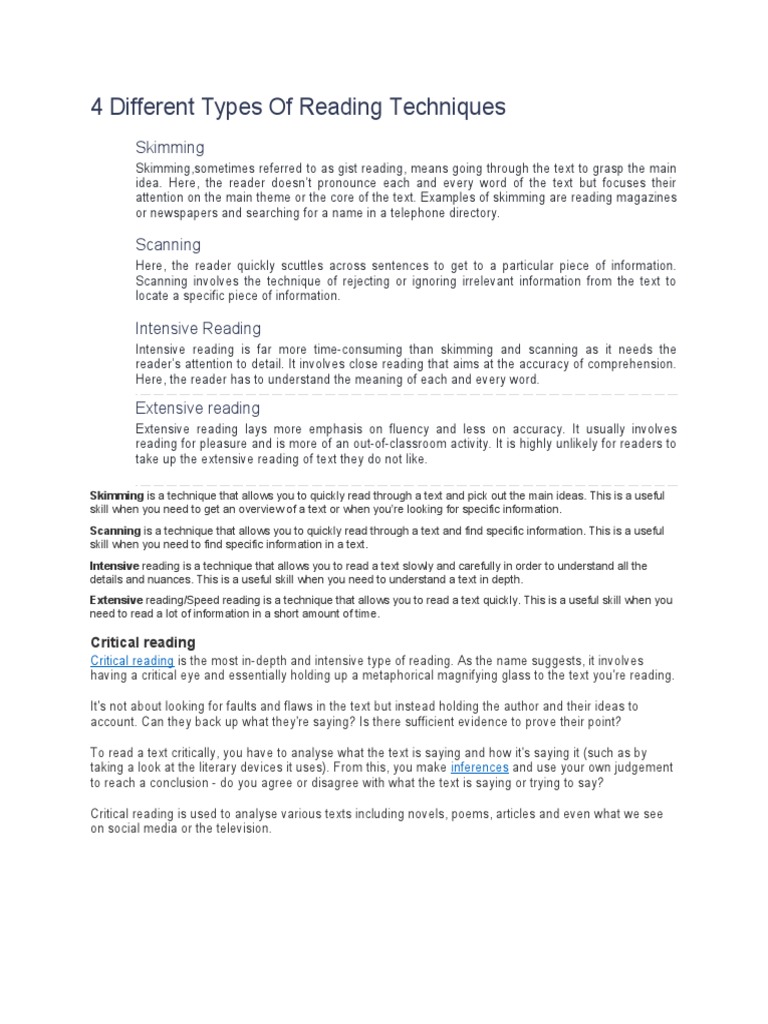 4 Different Types Of Reading Techniques PDF Speed Reading