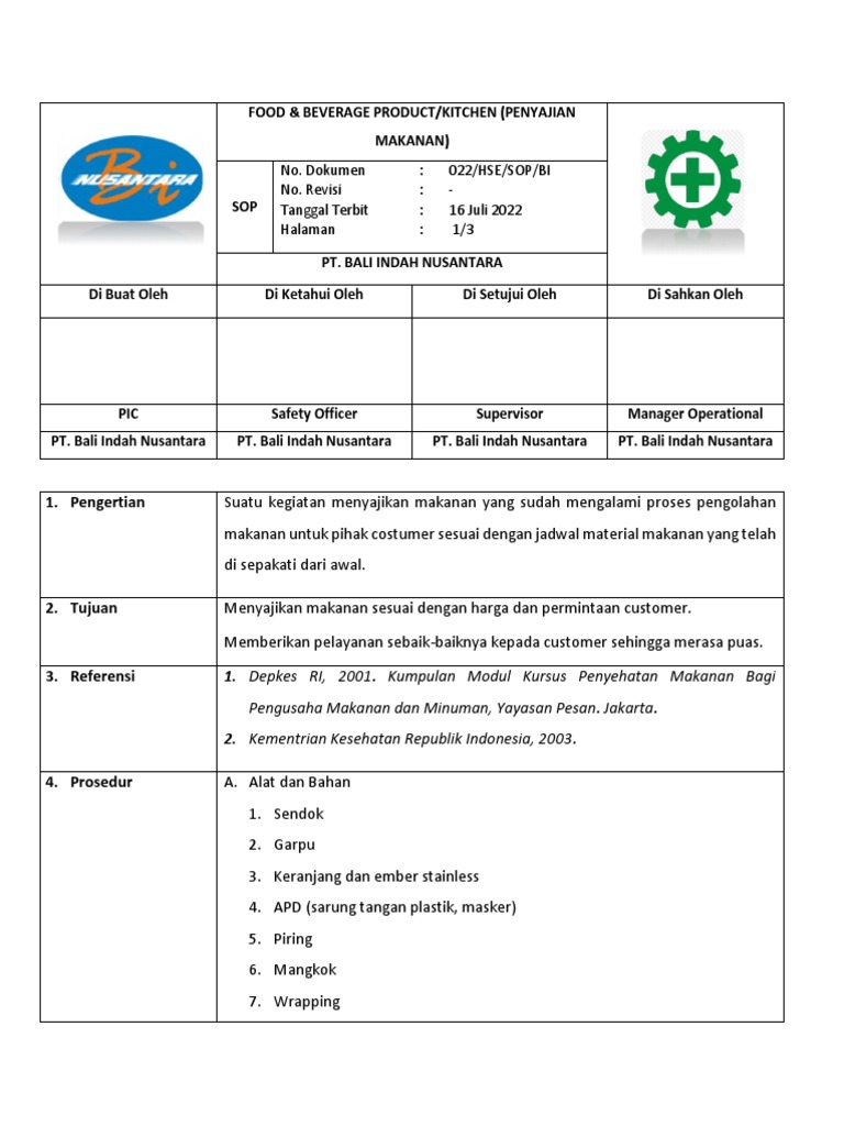 SOP - Penyajian Makanan | PDF
