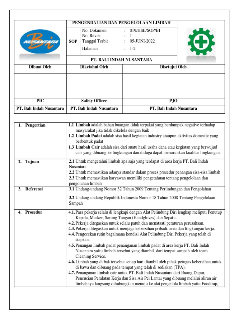 SOP Pengendalian Dan Pengelolaan Limbah PT. BIN | PDF