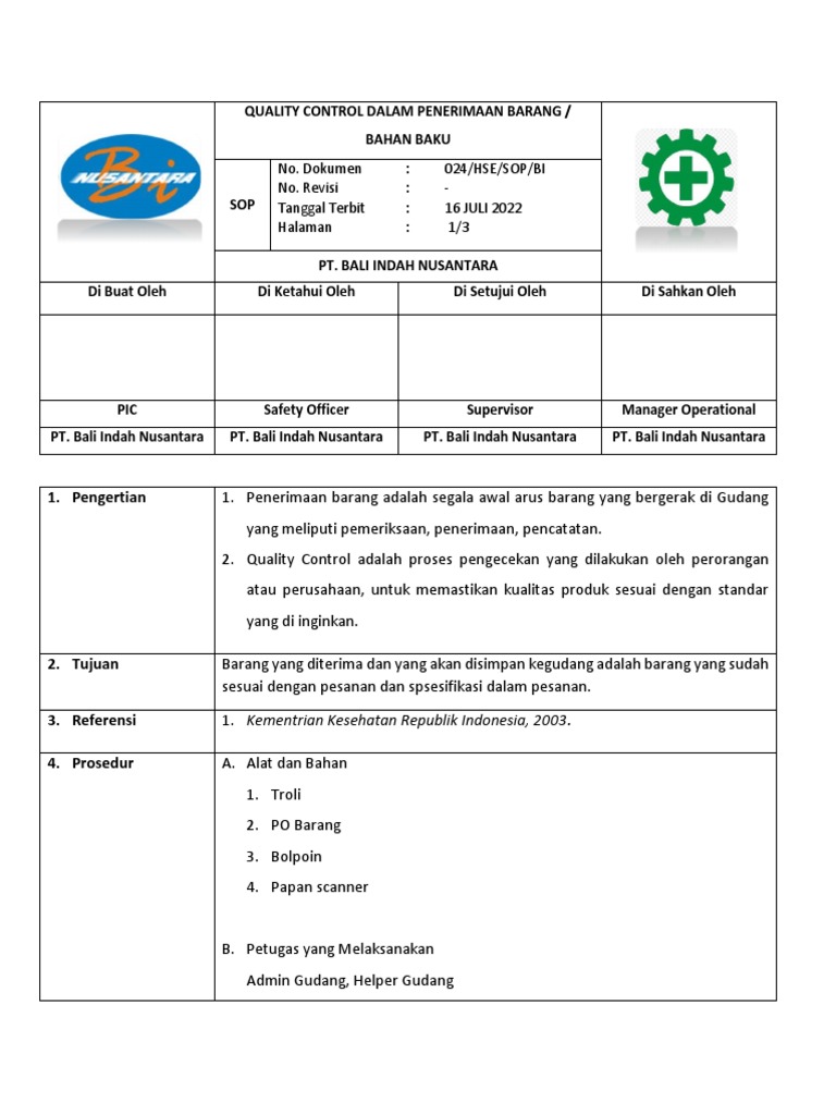 Sop - Quality Control Dalam Penerimaan Barang | PDF