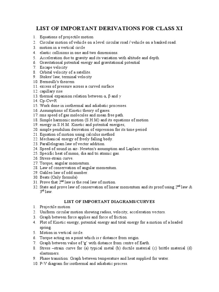 List of Important Derivations For Class Xi | PDF | Velocity | Acceleration