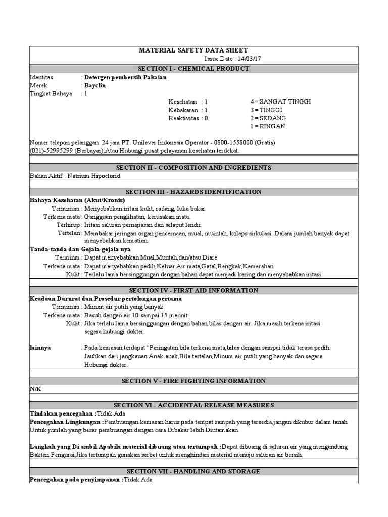 MSDS Bayclin BIN | PDF