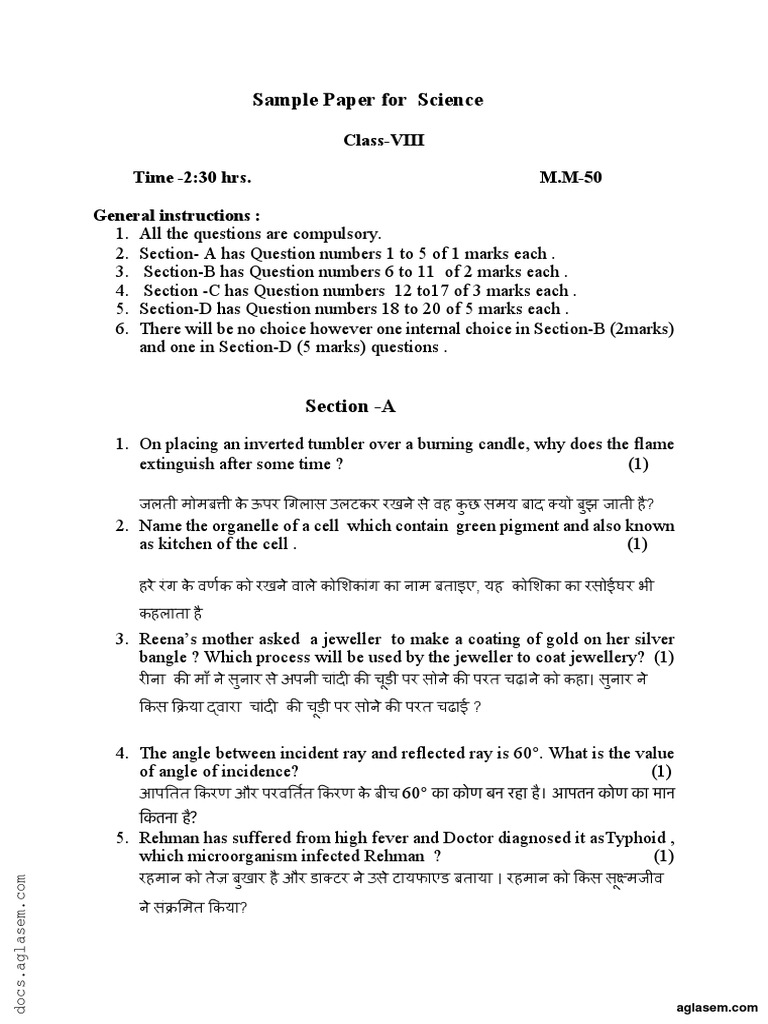 Sample Paper For Science: Class-VIII | PDF