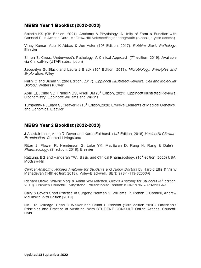 MBBS Year 1 2 Booklist 2022 2023 | PDF