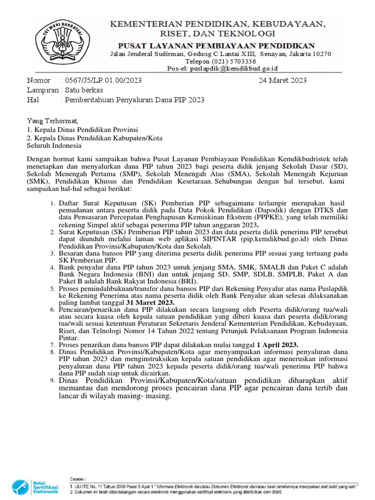 Pemberitahuan Penyaluran PIP - SK 13 Maret 23 PDF | PDF