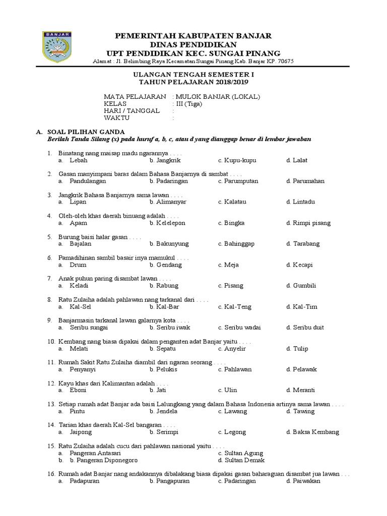 Soal & Kunci Jawaban MULOK Kelas III UTS Sem 1 | PDF