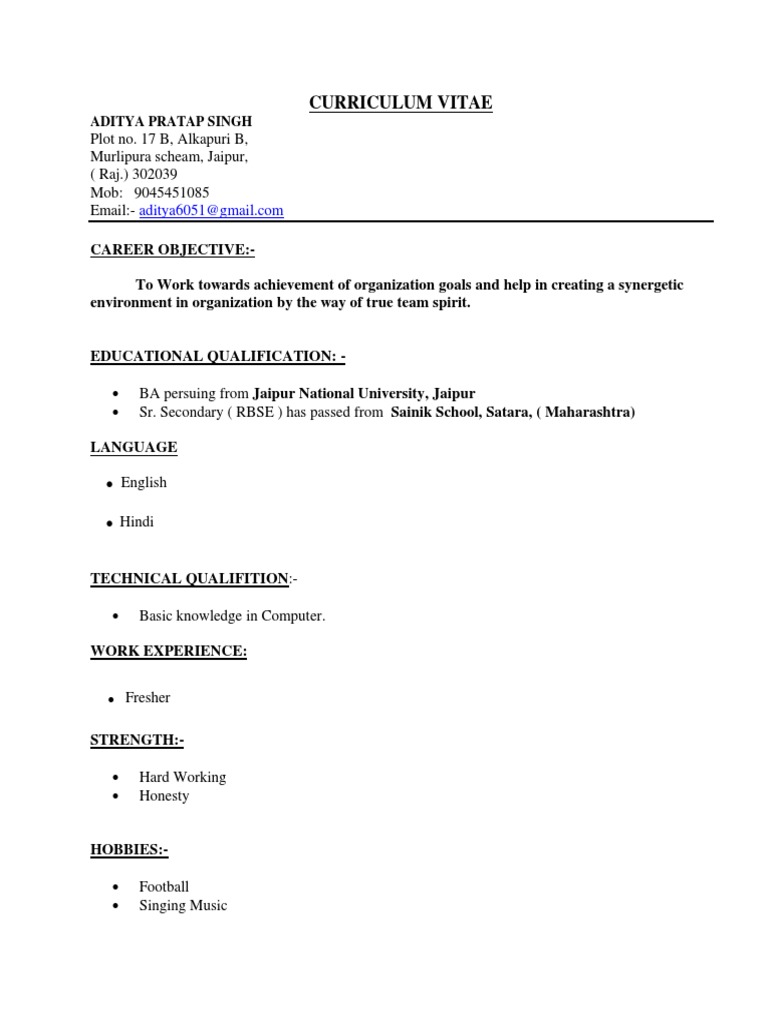 CV Aditya Pratap Singh career objective education | PDF
