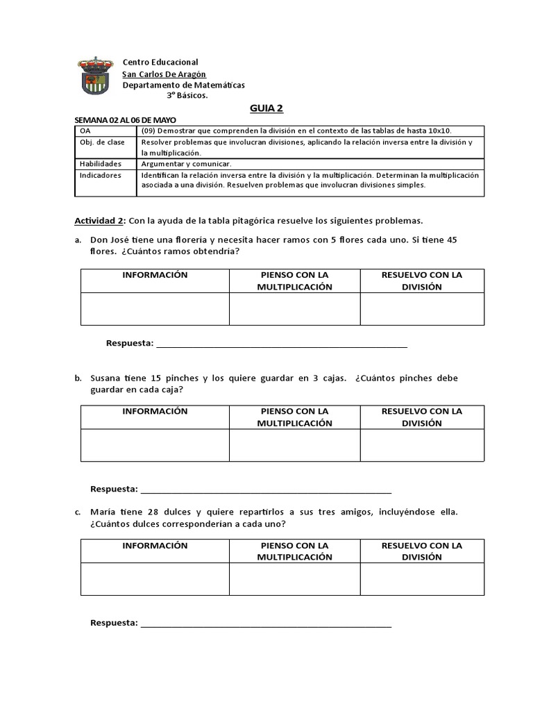 GUIA 2 RESOLVER SITUACIONES CON LA DIVISIÓN | PDF