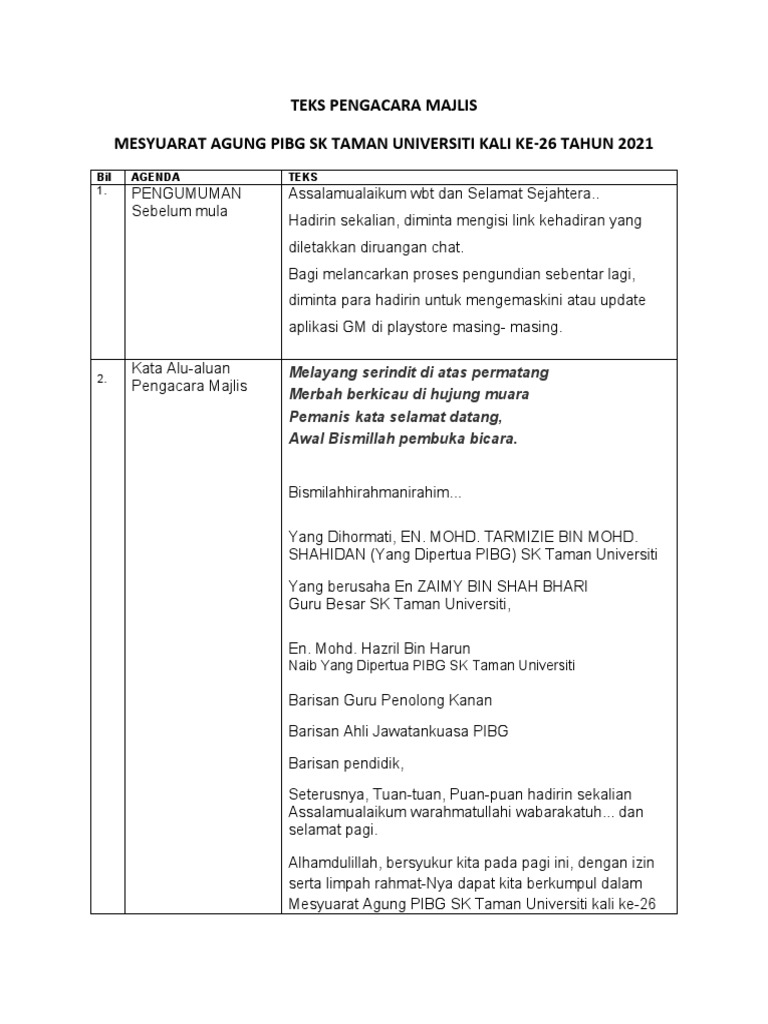 Teks Pengacara Majlis PIBG 2021 | PDF
