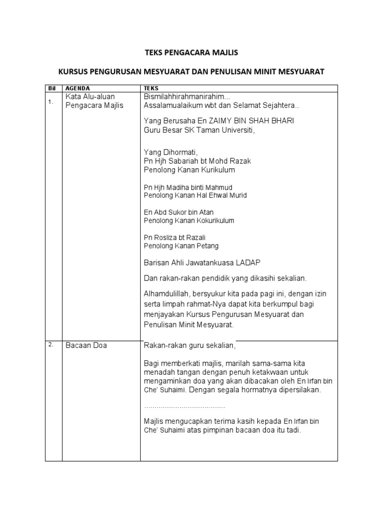 Teks Pengacara Majlis Kursus Pengurusan Mesyuarat | PDF