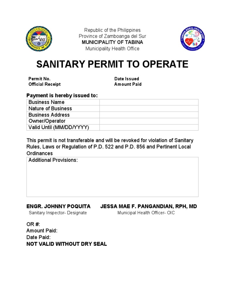 Sanitary Permit To Operate Tabina | PDF