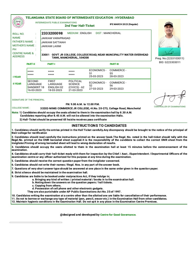 Get Hall Ticket Details for Intermediate Exams | PDF