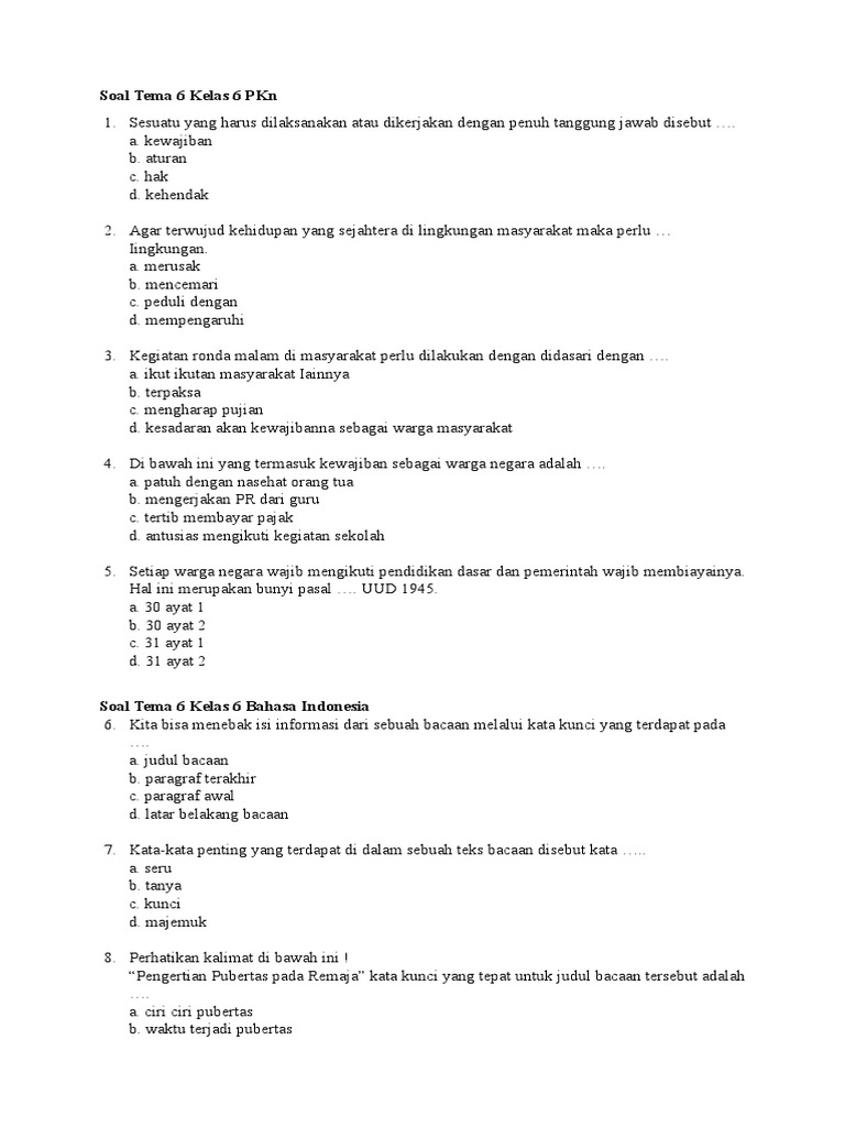 Soal Tema 6 Kelas 6 PKN | PDF