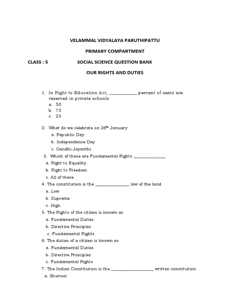 Class 5 Worksheet on Rights and Duties | PDF | Government And ...