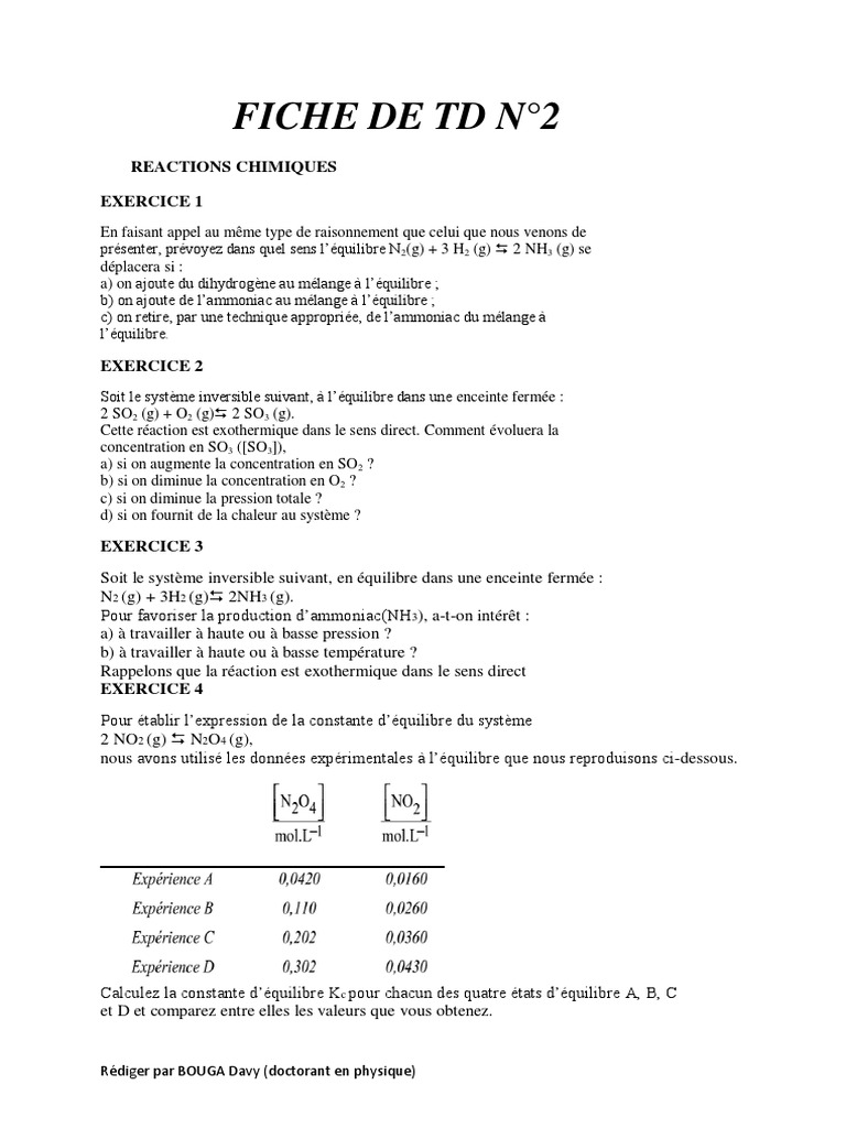 Fiche de TD N°2 PDF | PDF | Équilibre chimique | Réaction d'oxydoréduction