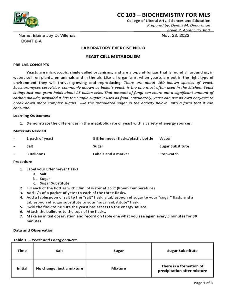 Laboratory Exercise No. 8 Yeast Cell Metabolism PDF | PDF | Yeast | Fermentation