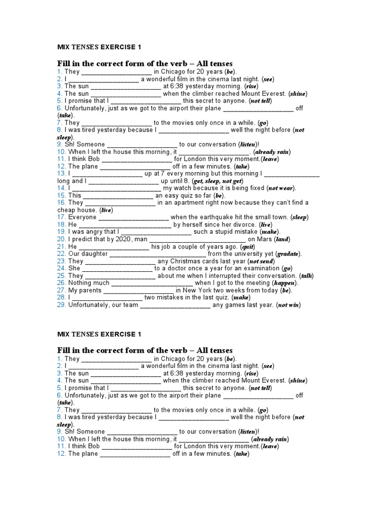 Fill in The Correct Form of The Verb - All Tenses | PDF