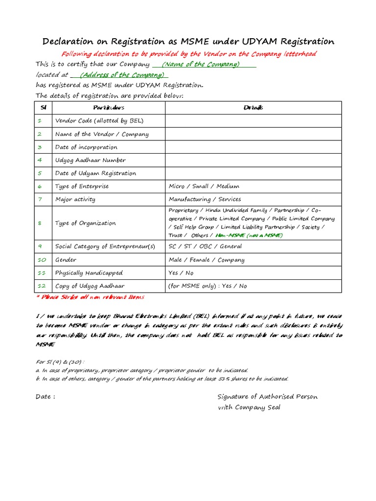MSME Registration Declaration Format | PDF