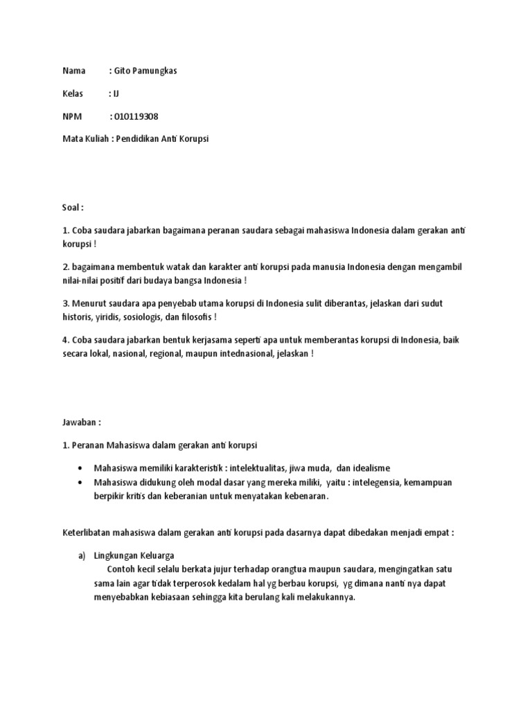 Jawaban UAS Pendidikan Anti Korupsi (Gito Pamungkas, 010119308) | PDF