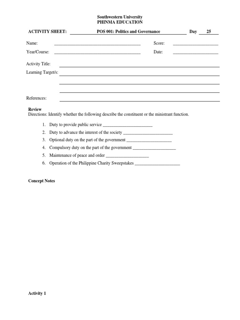 Southwestern University Activity Sheet on the Philippine Legislative ...