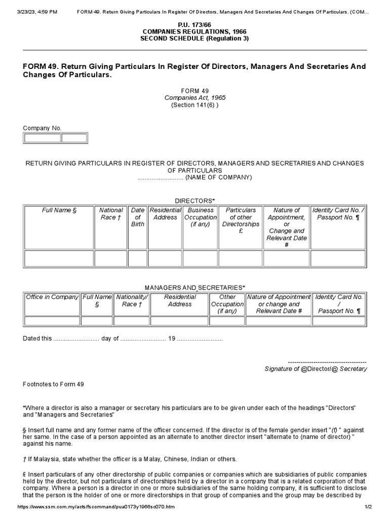 FORM 49. Return Giving Particulars in Register of Directors, Managers ...