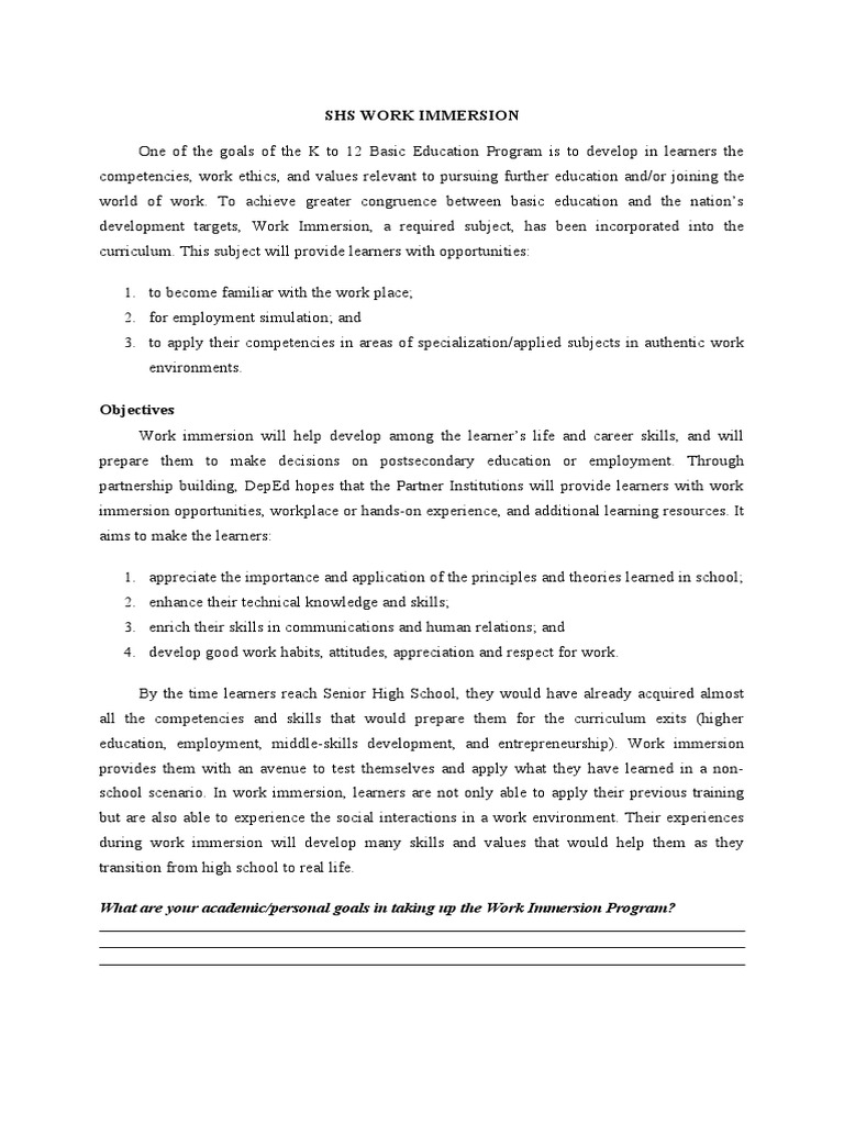 Grade 12 STEM Work Immersion Guide | PDF | Career & Growth