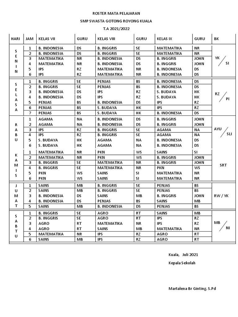 Roster Pelajaran SMP 2021 PDF | PDF
