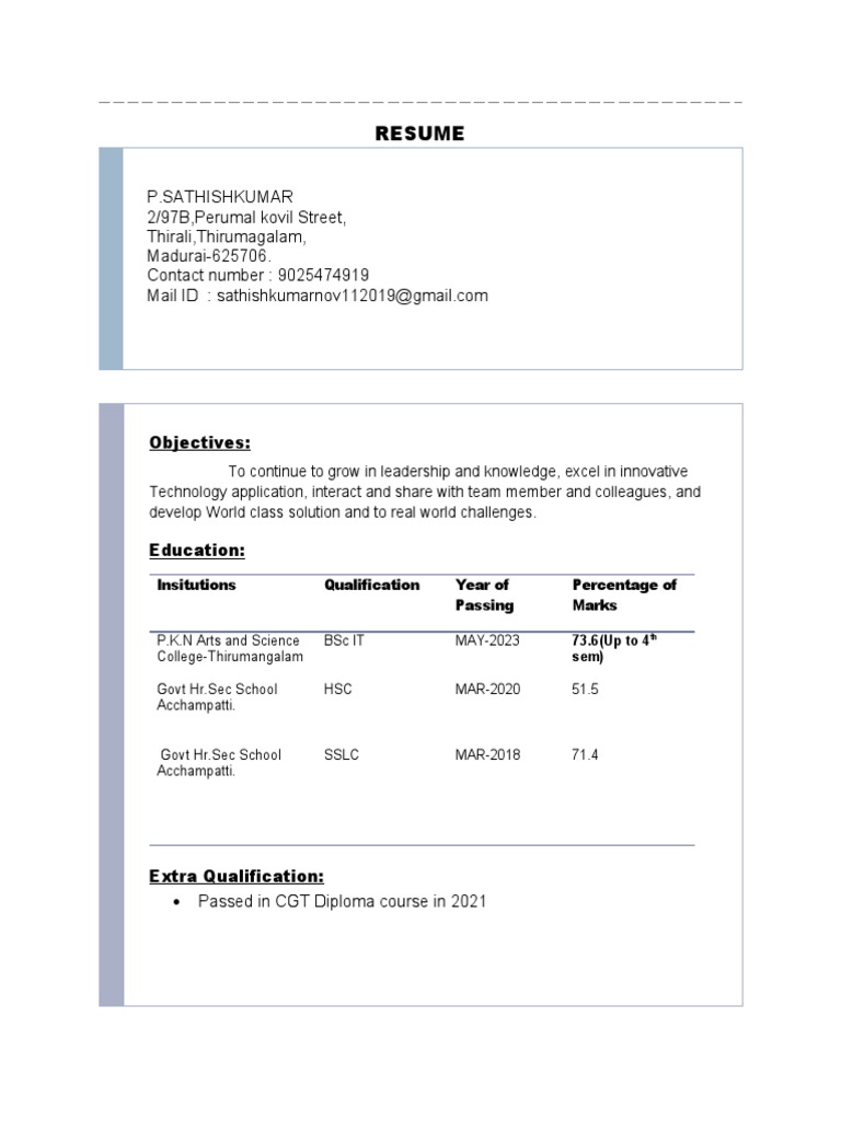 Resume: P.Sathishkumar 2/97B, Perumal Kovil Street, Thirali ...