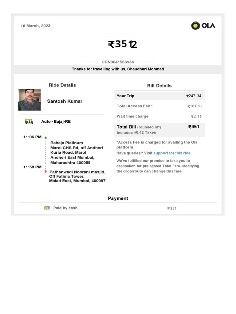 CRN8641133935 - Ola Bill | Download Free PDF | Invoice | Economies