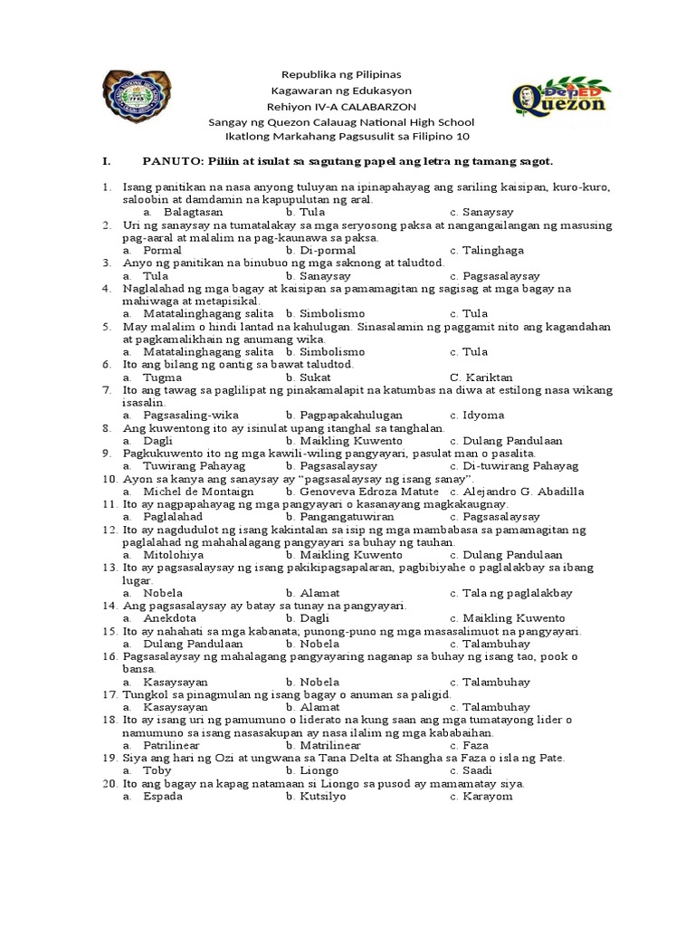 Pagsusulit - Filipino 10 | PDF