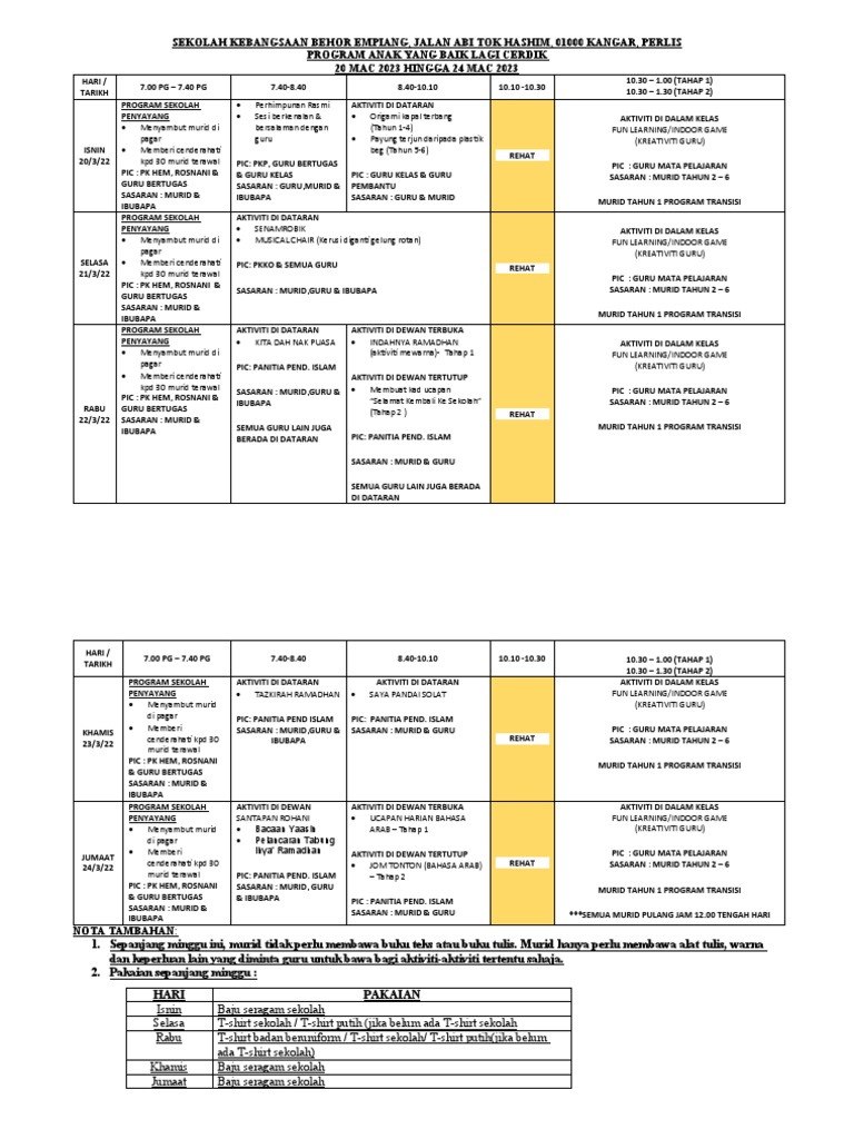 Program Minggu Pertama Skbe | PDF