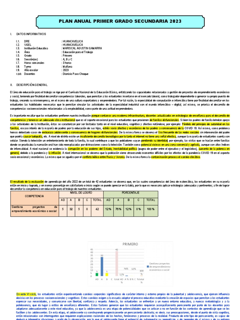 PLAN ANUAL 1° SEC Ept 2023 | PDF | Evaluación | Aprendizaje