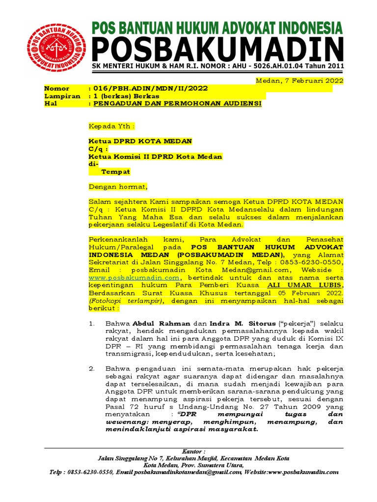 Pengaduan dan Permohonan Audiensi DPRD | PDF