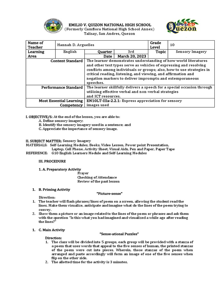 Sensory Imagery Lesson Plan for Grade 10 | PDF | Taste | Senses