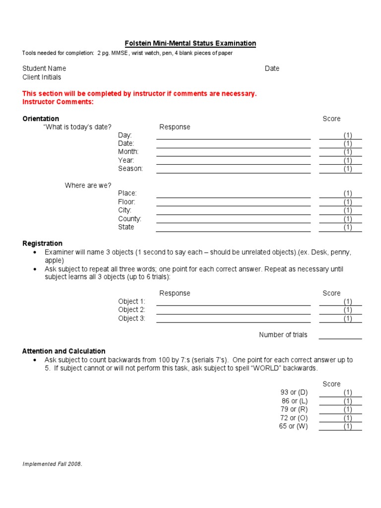 Folstein Mini Mental Status Examination | PDF | Cognition | Cognitive ...