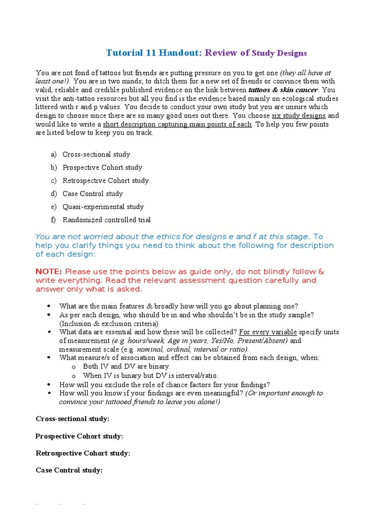 Tutorial 11 Handout Review of Study Designs - Tagged | PDF | Cohort ...